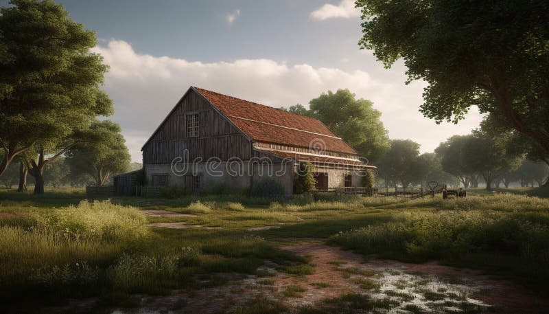 Rustic Farm Landscape with Old Barn and Tree in Meadow Generated by AI ...