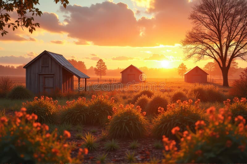 Rustic Farm Landscape with Vibrant Flowers and Sunset Sky Stock Photo ...