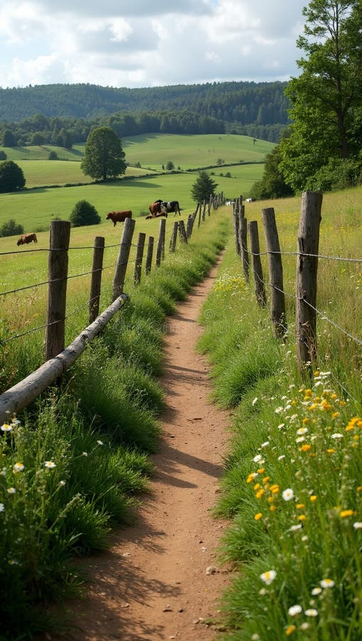 Rustic Farm Scene with Cows Grazing in Pasture Stock Illustration ...