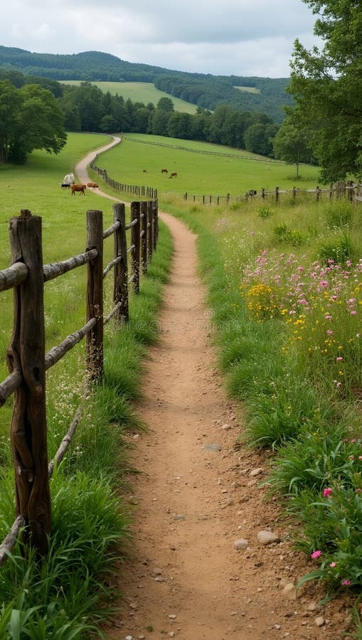 Rustic Farm Scene with Cows Grazing in Pasture Stock Illustration ...
