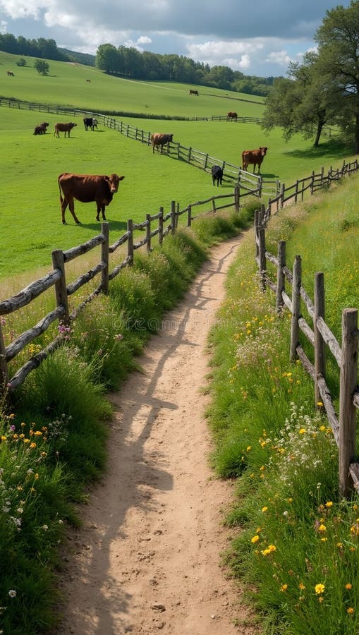 Rustic Farm Scene with Cows Grazing in Pasture Stock Illustration ...