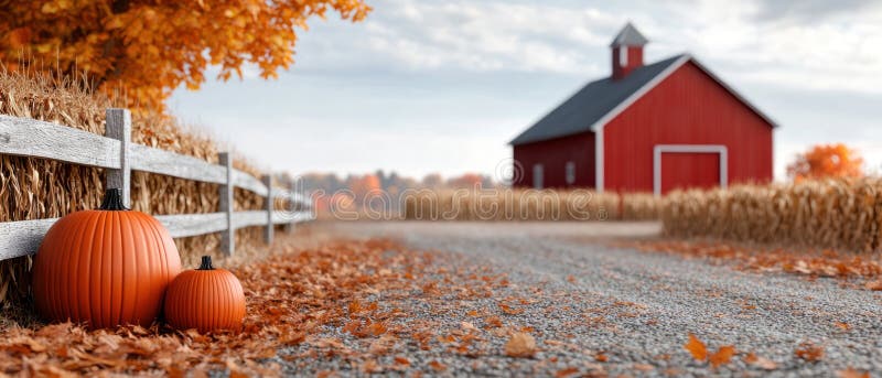 Rustic Farm Scene Featuring Pumpkins, Corn Stalks, and Red Barn Evokes ...