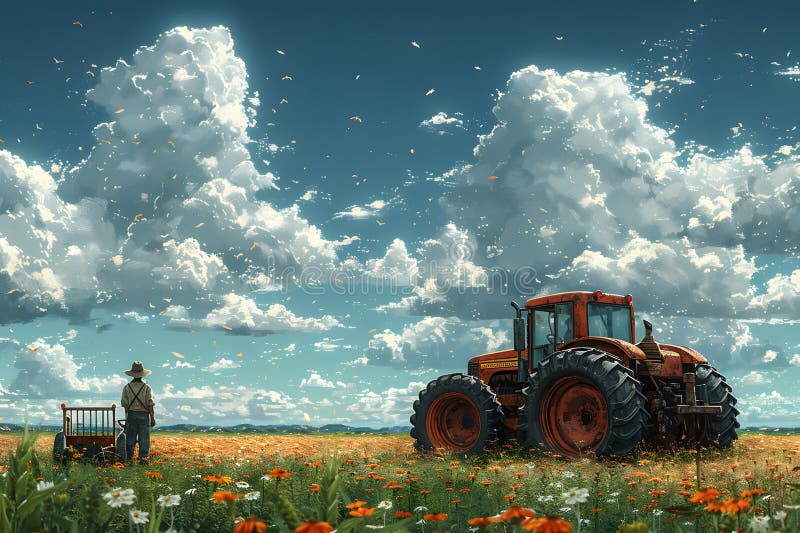 Rustic Farm Scene: Vintage Tractor Driving through Wheat Fields at ...