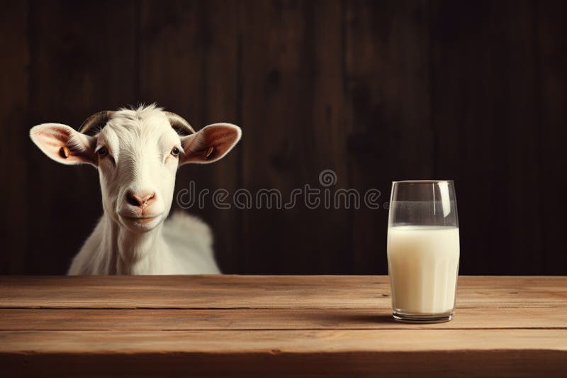 Rustic Farm Setting: Goat and Milk on Wooden Table. Generative by Ai ...