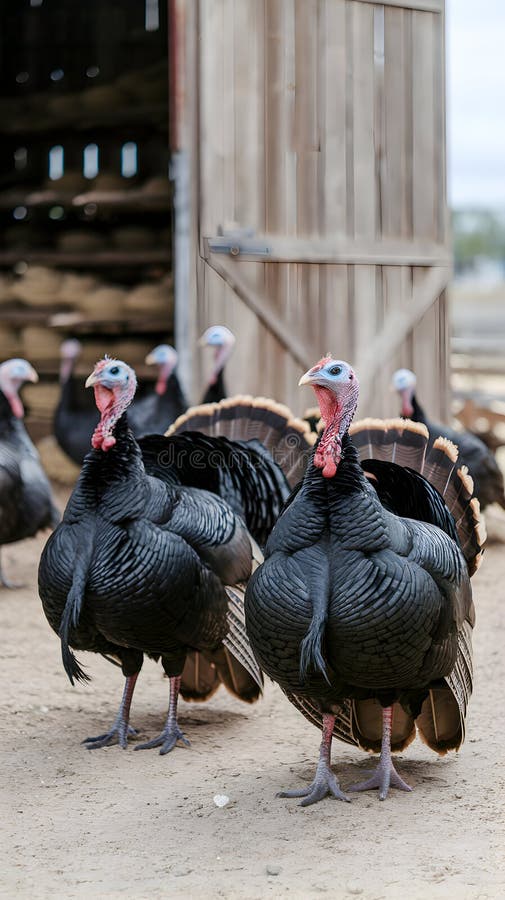Rustic Farm Setting with Turkeys in Foreground, Barn Background ...