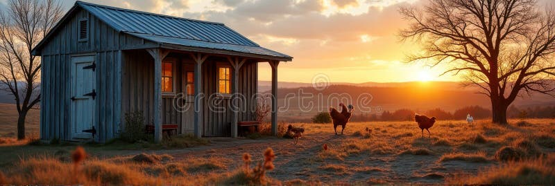 Rustic Farm Shed at Sunset with Roosters in Scenic Countryside ...