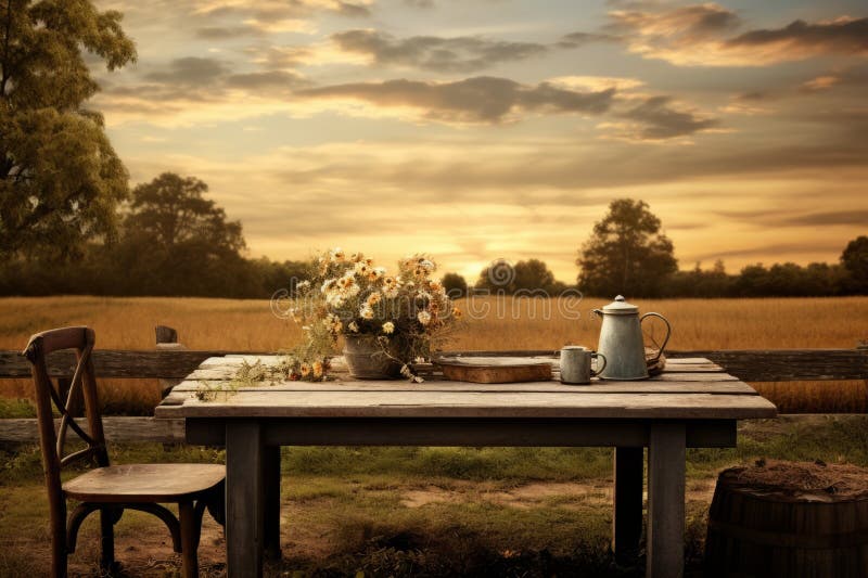 A Rustic Farm Table in a Countryside Setting Stock Illustration ...