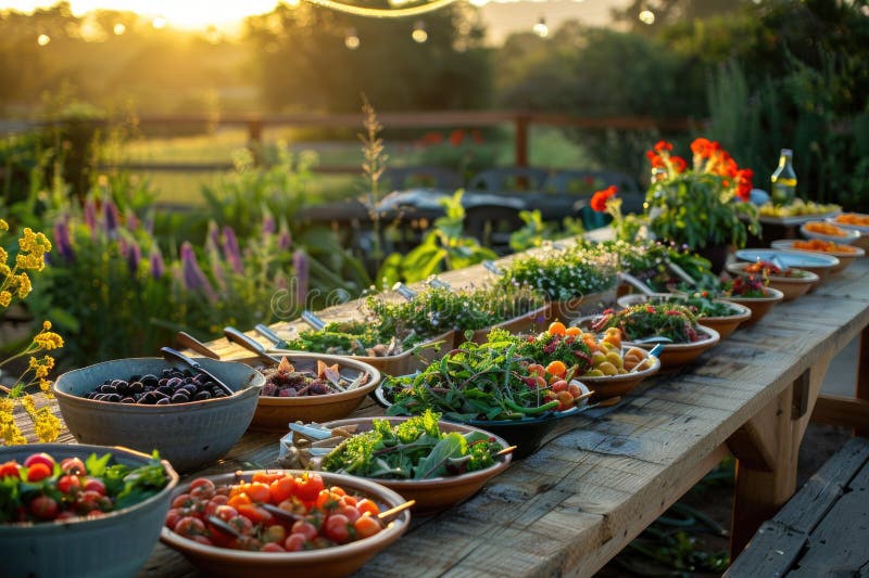 Rustic Farm-to-Table Feast: Fresh Vegetables on Outdoor Dining Table at ...