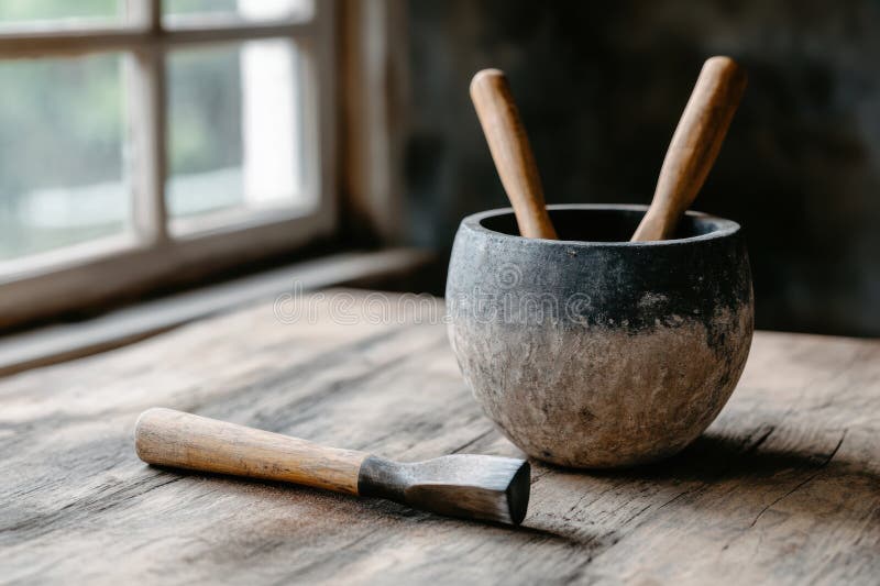 Rustic Farm Tool Display, Farmer Tools Arranged Neatly on a Table in a ...