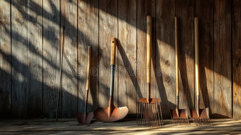 Rustic Farm Tools Resting Against a Wooden Barn Wall, Rusty Rake ...