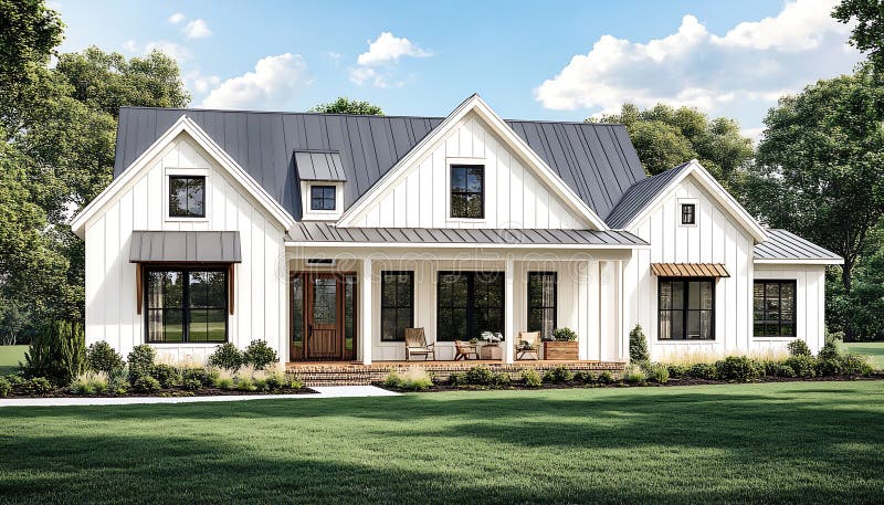Rustic Farmhouse Front Elevation in Warm Watercolo Stock Illustration ...