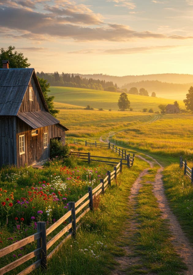 Rustic Farmhouse in a Golden Sunset Meadow Stock Illustration ...