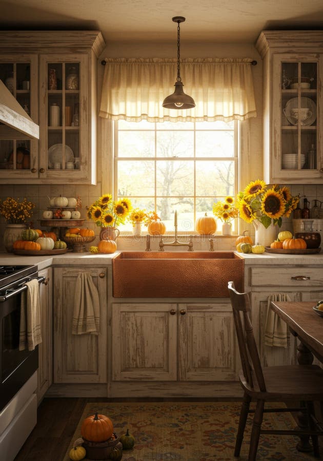 Rustic Farmhouse Kitchen with Copper Sink and Autumn Decor Stock ...