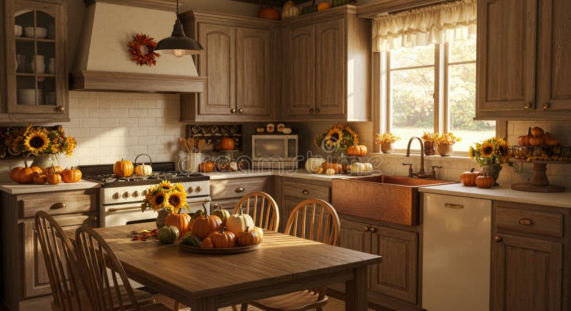 Rustic Farmhouse Kitchen Decorated for Autumn Harvest Stock ...