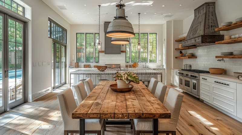 Rustic Farmhouse Kitchen with Large Windows, Wooden Dining Table, and ...