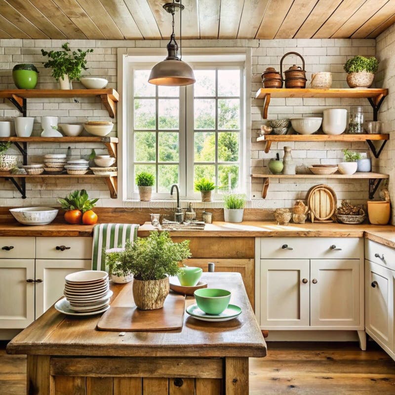 Rustic Farmhouse Kitchen with Open Shelving and Large Windows Stock ...