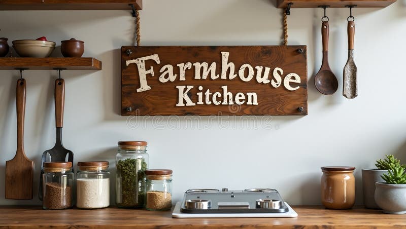 Rustic Farmhouse Kitchen Sign with Vintage Tools and Spice Jars on ...
