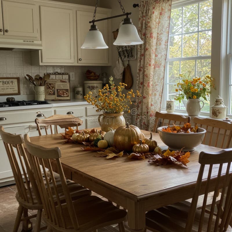 Rustic Farmhouse Kitchen Table Decorated for Autumn Stock Illustration ...