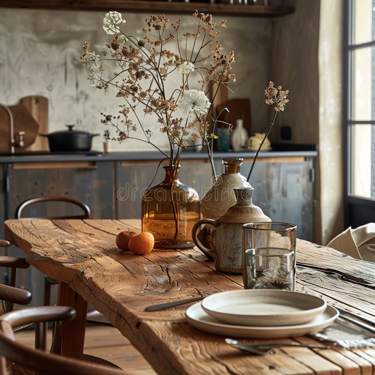 Rustic Farmhouse Kitchen Table Setting with Dried Flowers and Fruit ...