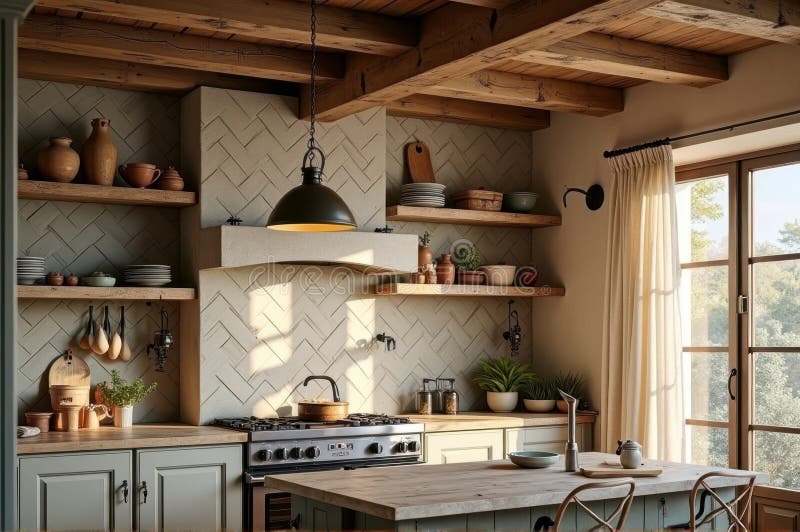 Rustic Farmhouse Kitchen with Wooden Shelves and Natural Light Stock ...