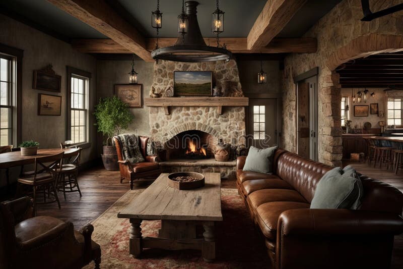 Rustic Farmhouse with Large Stone Fireplace and Leather Sofas Stock ...