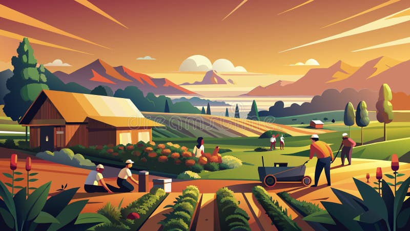 Rustic Farmhouse Sunset Landscape with Workers and Fields Stock Image ...