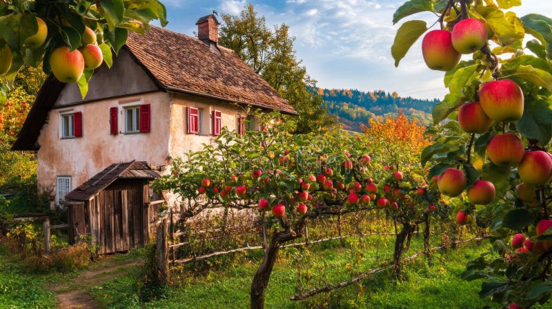 Rustic Farmhouse Surrounded by Apple Trees in Autumn Stock Illustration ...
