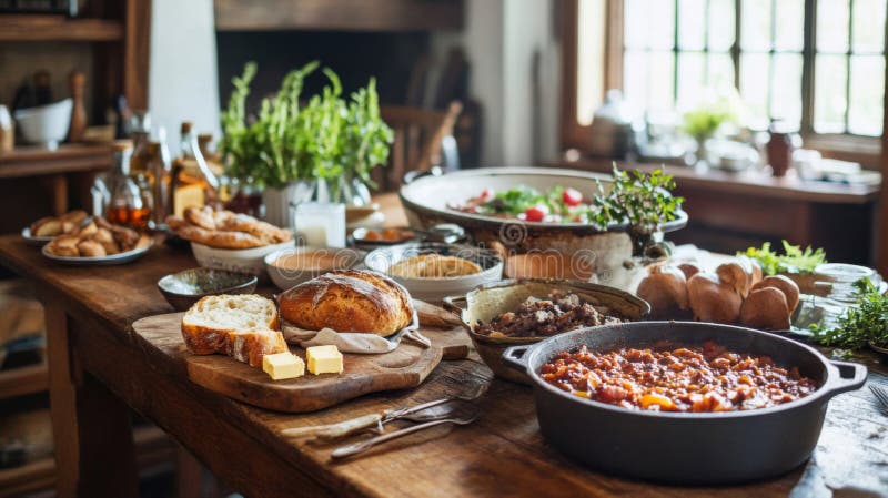 Rustic Farmhouse Table with Hearty Meal and Fresh Ingredients Stock ...