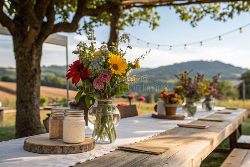 Rustic Farmhouse Table Setting with Mason Jars and Wildflowers, Flowers ...