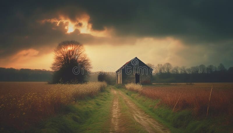 Rustic Farmhouse in Tranquil Meadow at Dusk Generated by AI Stock ...