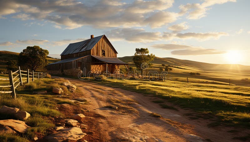 Rustic Farmhouse in Tranquil Meadow, Surrounded by Mountains at Sunset ...