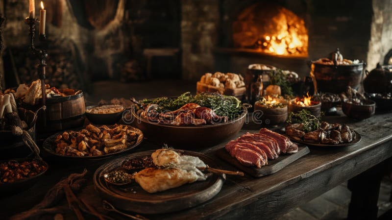 Rustic Feast Displayed with Roasted Meats on a Medieval Wooden Table ...