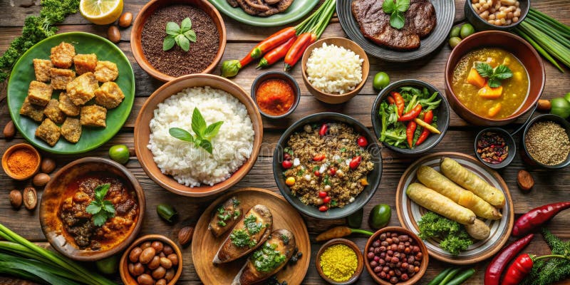 A Rustic Feast Diverse Dishes and Fresh Ingredients on a Wooden Table ...