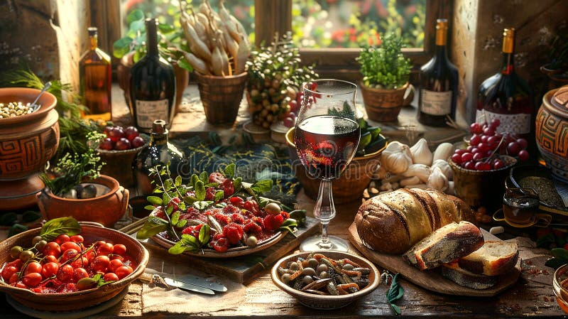 A Rustic Feast with Fresh Produce and Wine in a Sunlit Kitchen Setting ...
