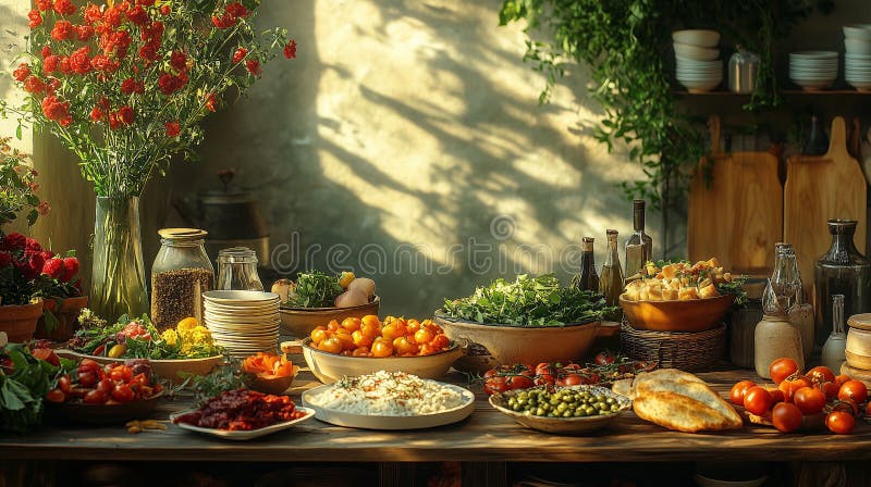 Rustic Feast: a Table Laden with Traditional Dishes in a Cozy Setting ...