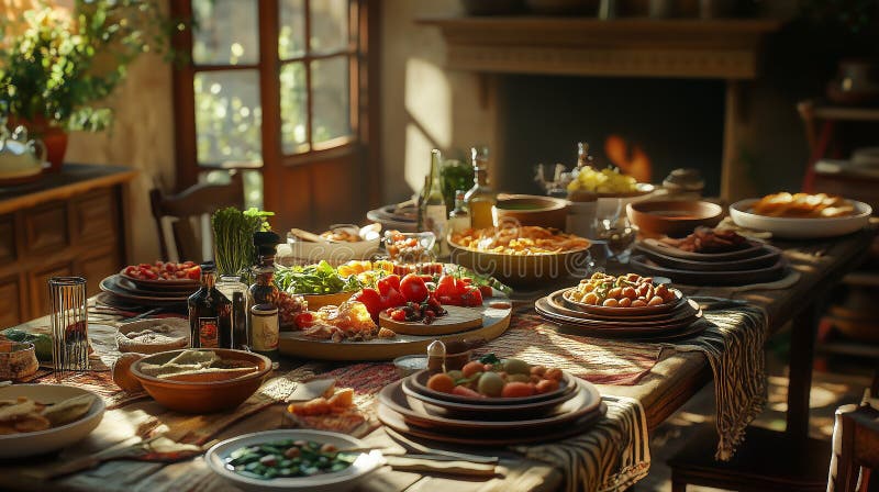 Rustic Feast: a Table Laden with Traditional Dishes in a Cozy Setting ...