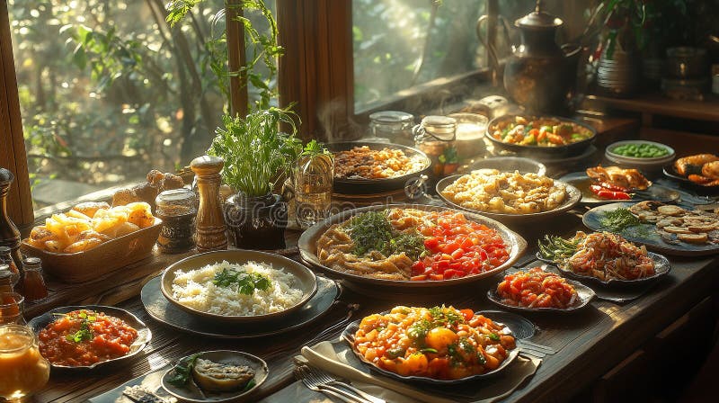 Rustic Feast: a Table Laden with Traditional Dishes in a Cozy Setting ...