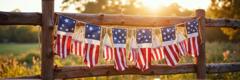 Rustic Fence with American Flags at Sunset in Countryside Setting Stock ...