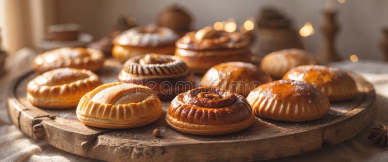Rustic Festive Pastries on Wooden Platter with Warm Lighting Stock ...