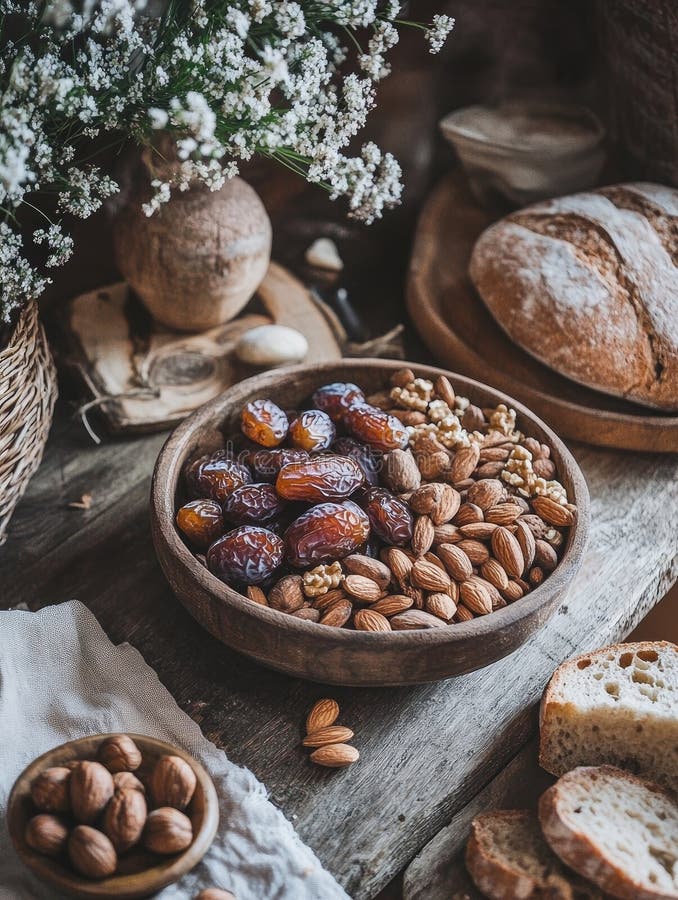 Rustic Festive Spread with Dates, Nuts, and Fresh Bread for Holiday ...