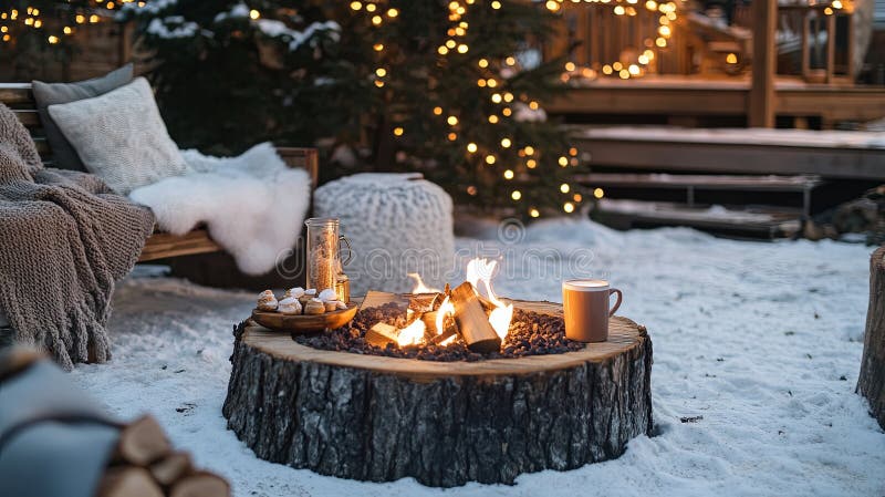 A Rustic Fire Pit Setup with Hot Cocoa and Snacks Ready for an Evening ...