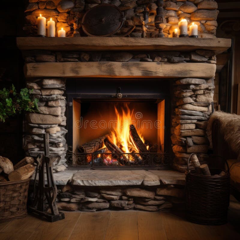 Rustic Fireplace with Burning Logs. Burning Firewood in the Firebox of ...