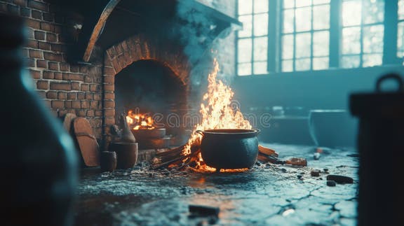 Rustic Fireplace with Cauldron and Fire in Old Room Stock Illustration ...