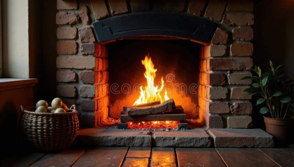 Rustic Fireplace; Crackling Fire, Glowing Embers, Logs, Texture, Heat ...