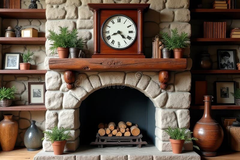 Rustic Fireplace with Elegant Mantel Clock Stock Illustration ...