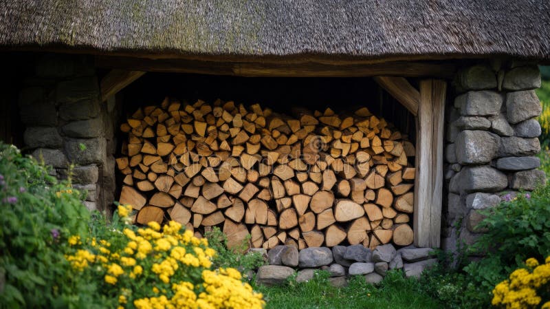 Rustic Firewood Stack Under Thatched Roof with Stone Walls and Yellow ...