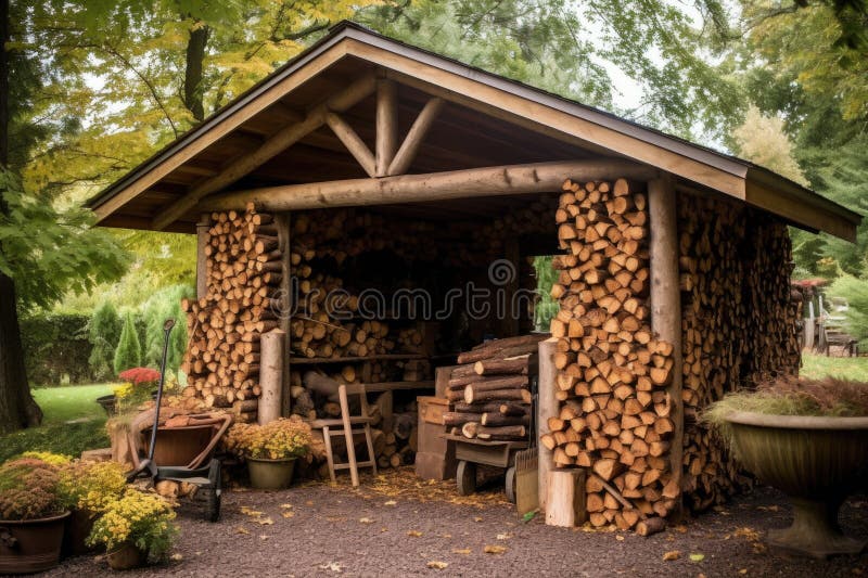 Rustic Firewood Storage Shed with Stacked Logs Stock Illustration ...