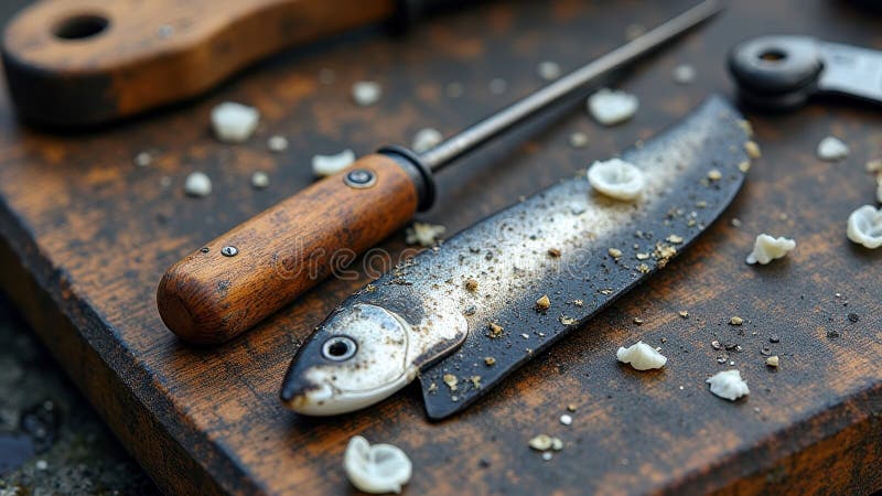 Rustic Fish Cutting Board with Knife and Peppercorns in Kitchen Setting ...