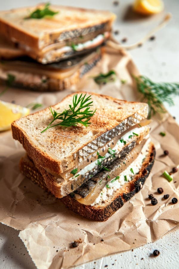 Rustic Fish Sandwich with Fresh Dill and Sour Cream Stock Image - Image ...