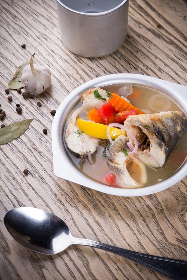 Rustic Fish Soup Served in a Metal Dishware Stock Image - Image of ...